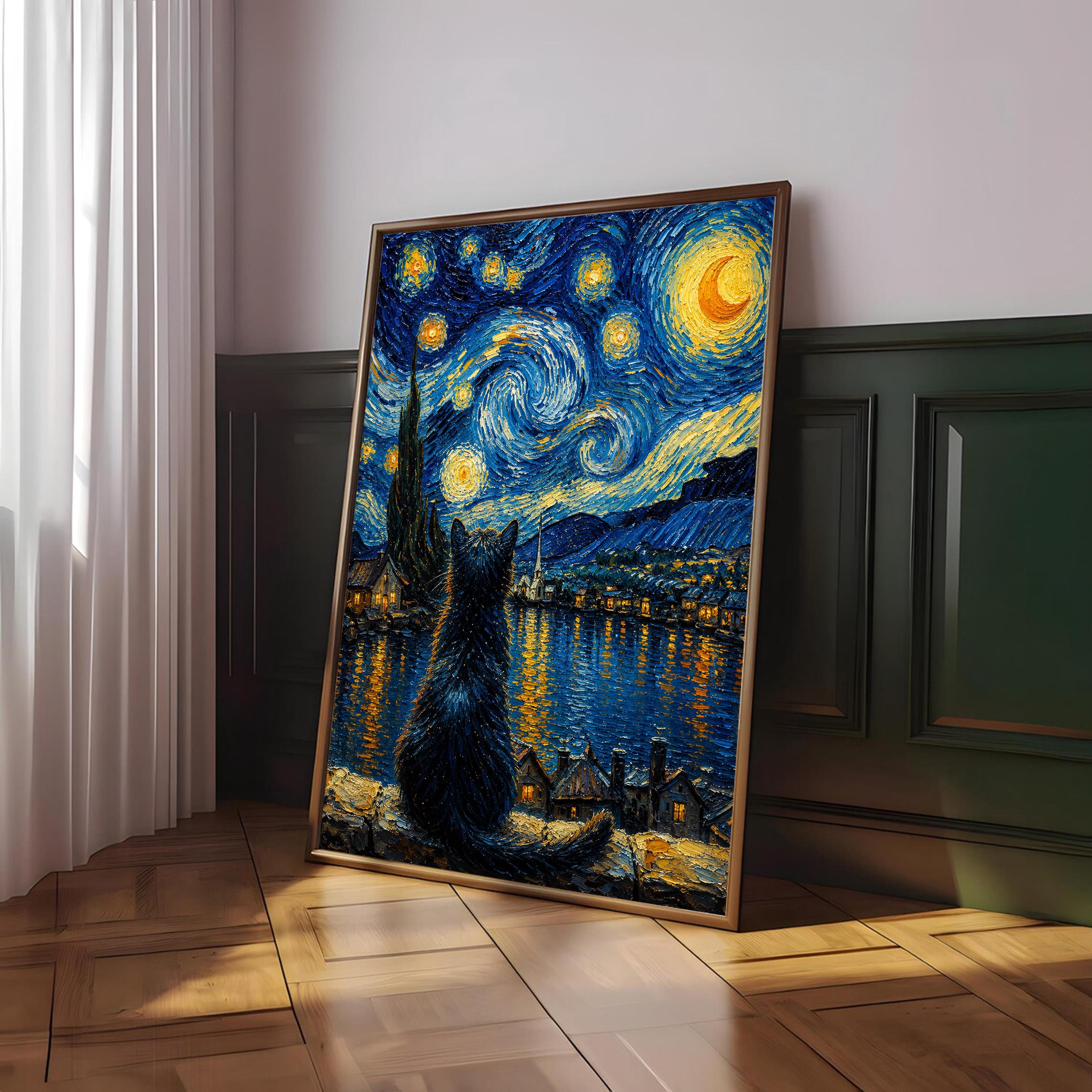 Black Cat Starry Night Painting Print Impressionist Black Cat Lover ...