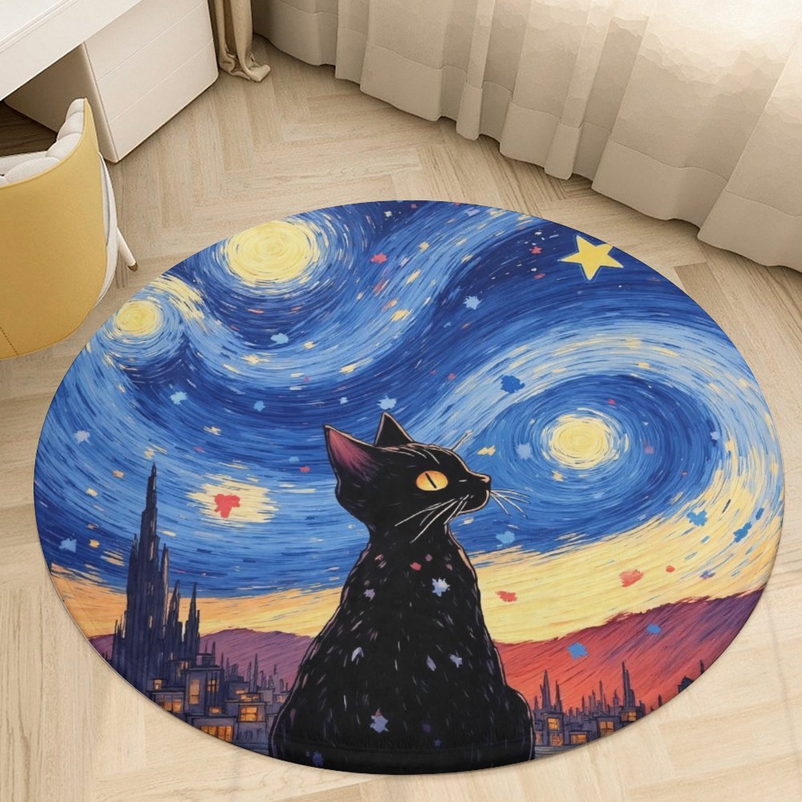 Black Cat Starry Night Round Area Rugs for Bedroom Living Room, 6FT ...