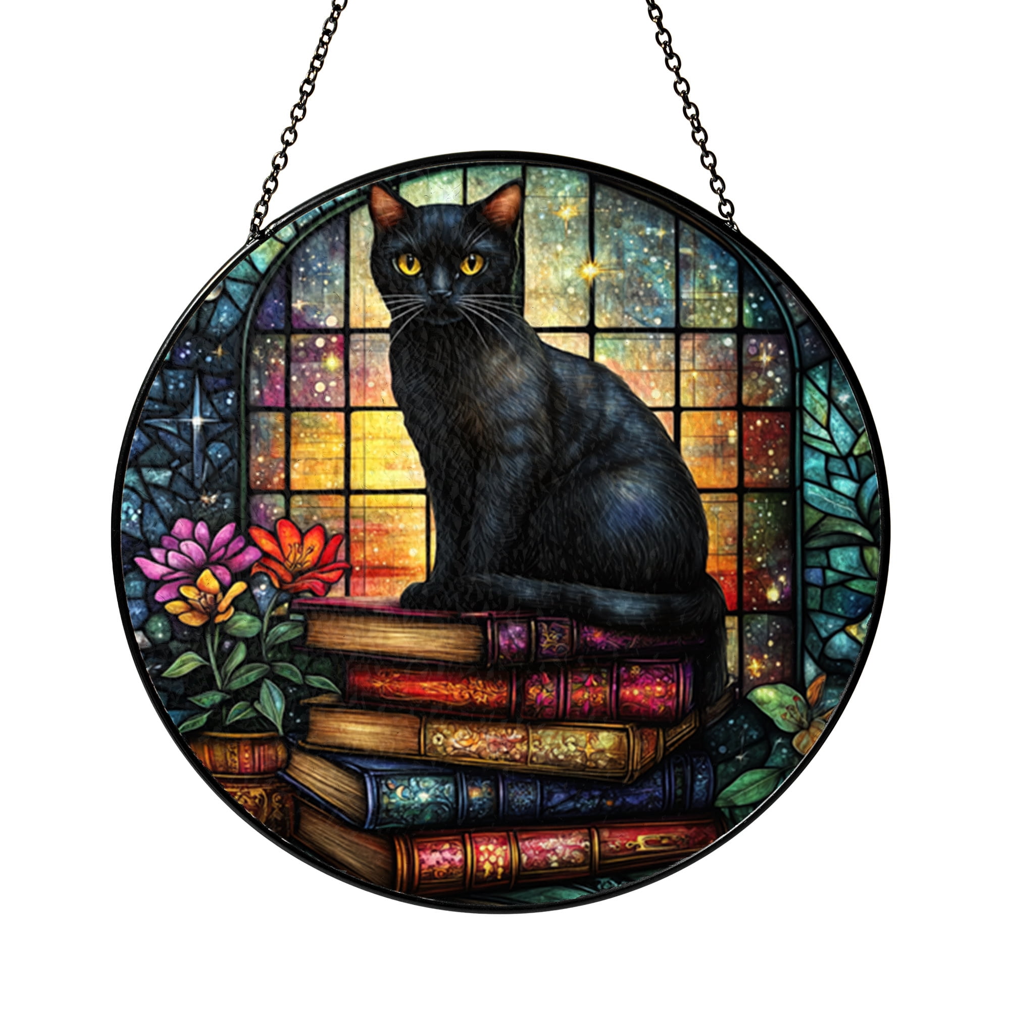 Black Cat Starry Night Sun Catcher Stained Glass Style Round Window ...