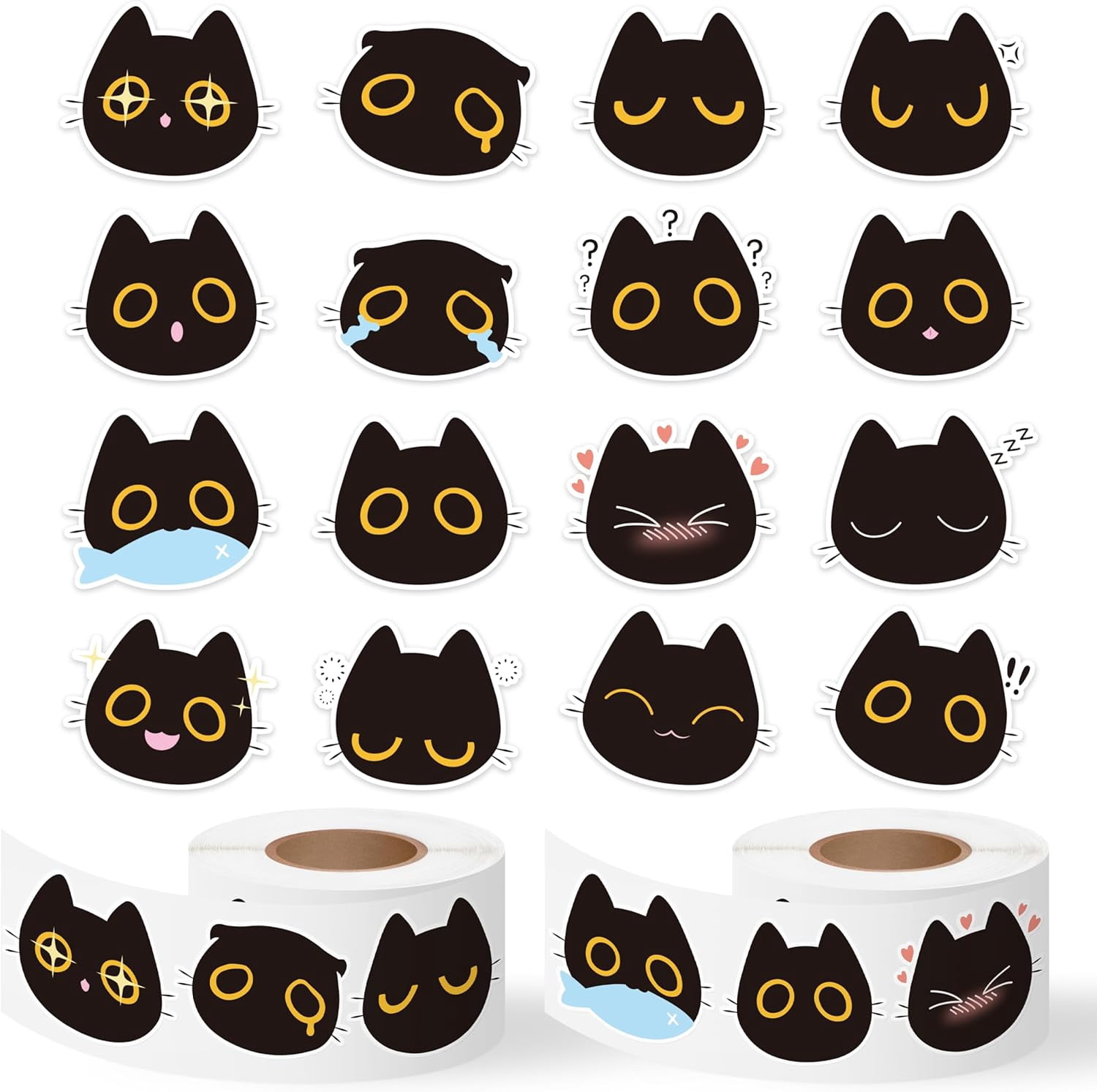 Black Cat Stickers Rolls - 1000pcs(2 Rolls) Cute Black Cat Head Memes ...