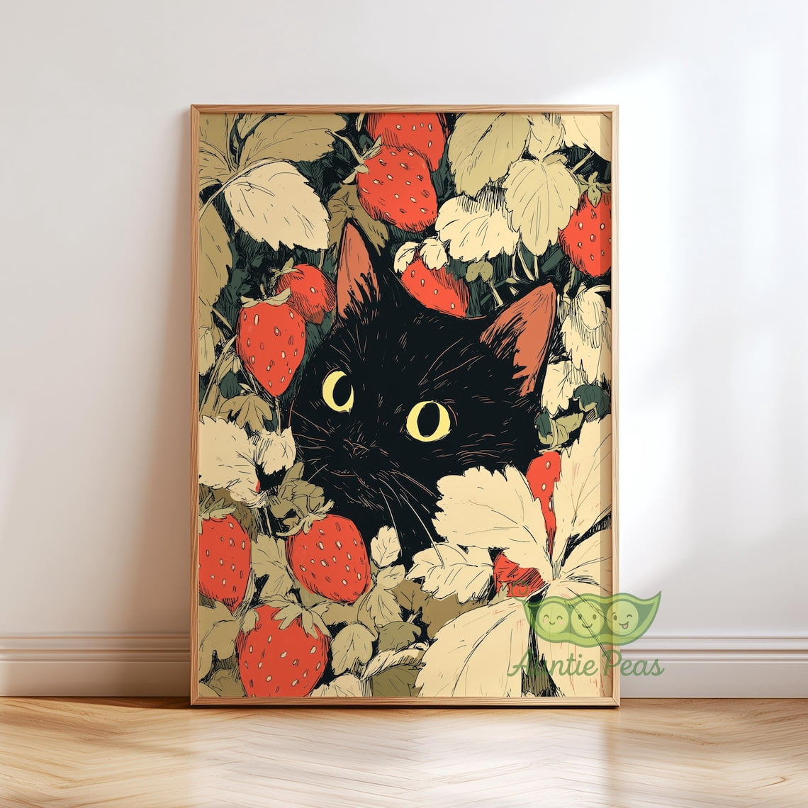 Black Cat Strawberry Plant Vintage Botanical Cottagecore Whimsical ...
