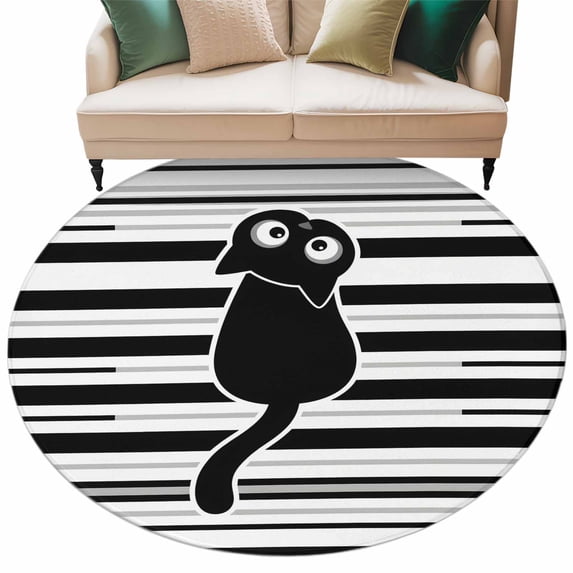 Black Cat Striped Round Rug 5ft Washable Circle Kitchen Rugs Non Slip ...