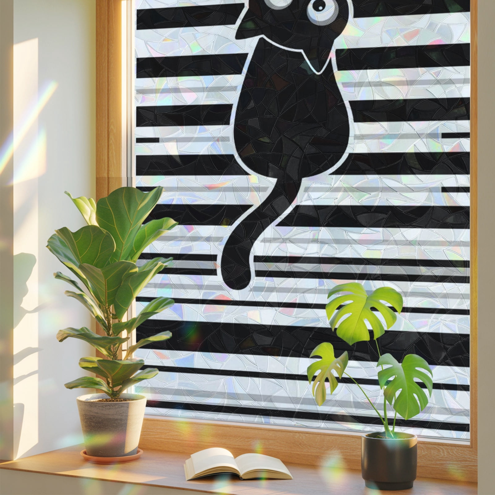 Black Cat Striped Window Privacy Film Rainbow Static Cling Stain Glass ...
