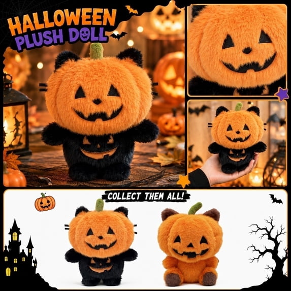 Black Cat Stuffed Animal, Whimsical Pumpkin Head Jack-O-Lantern ...