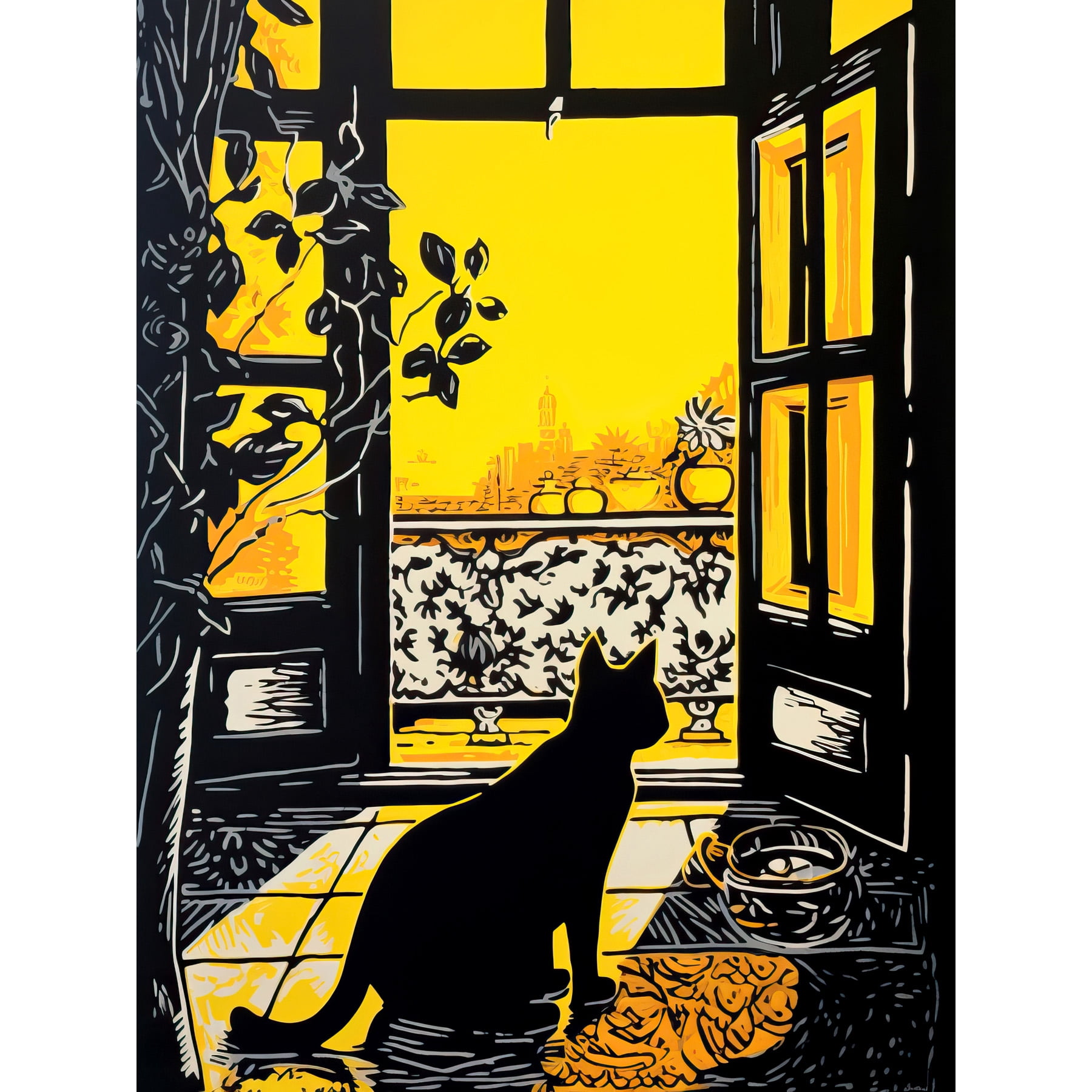 Black Cat Sunbathing by Balcony Oil Painting Yellow Black Bright ...