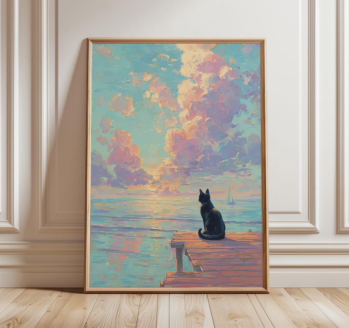 Black Cat Sunset Dreamy Pastel Ocean Pier Serene Sky Clouds ...
