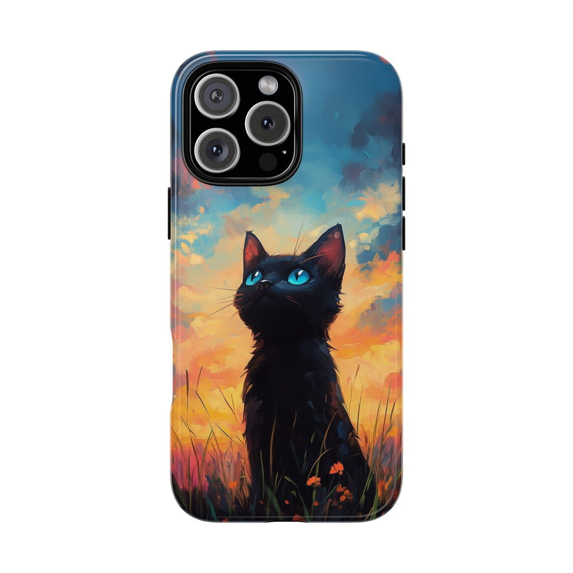 Black Cat Sunset Meadow Twilight Cozy Kitty Scene Phone Case with ...
