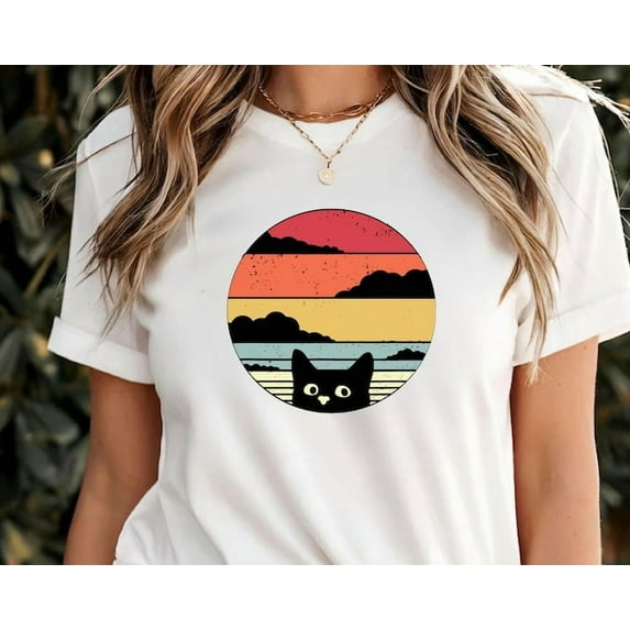 Black Cat Sunset Retro Printed T Shirt,Natural Sunset Lover Shirt ...