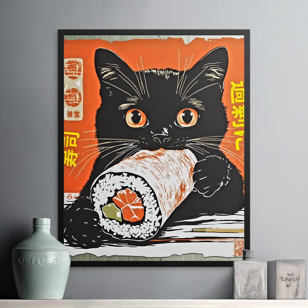 Black Cat With Sushi Poster, Cute Cat Wall Art, Japanese Style Cat ...