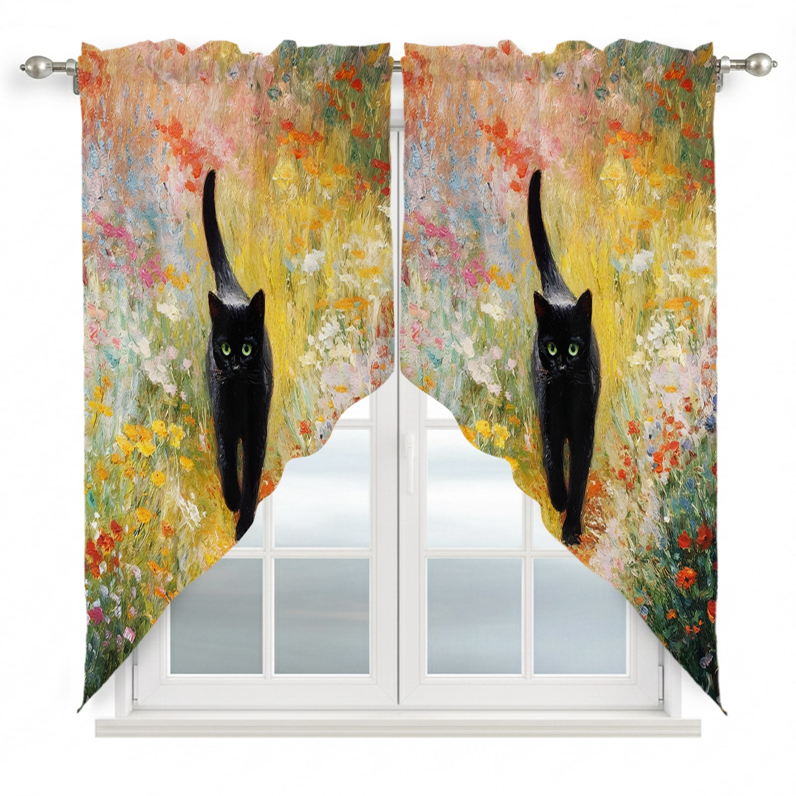 Black Cat Swag Valances for Windows 2 Pack Colorful Floral Garden ...