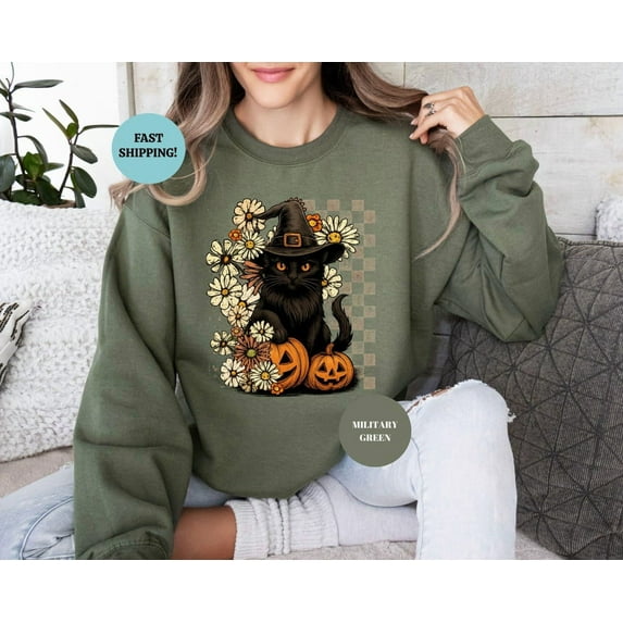 Black Cat Sweatshirt: Spooky Pumpkin Floral Fall Sweater SWEATSHIRT All ...