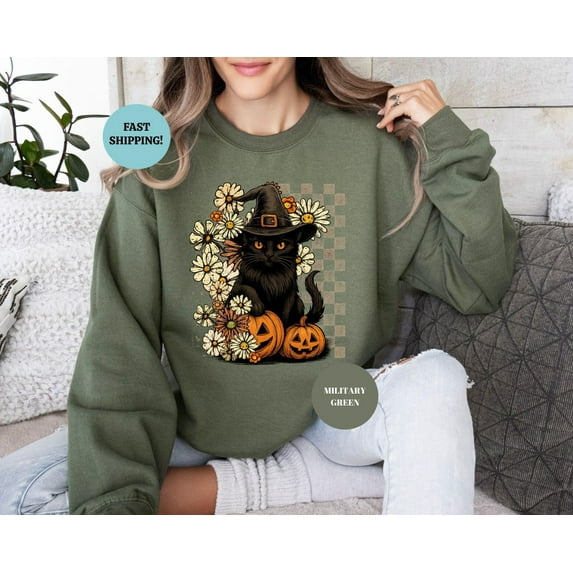Black Cat Sweatshirt: Spooky Pumpkin Floral Fall Sweater SWEATSHIRT All ...