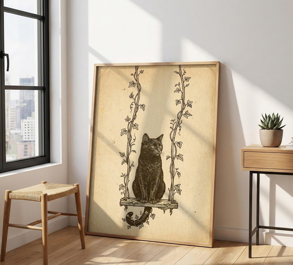 Black Cat Swing Gothic Botanical Cottagecore Poster Unframed Paper ...