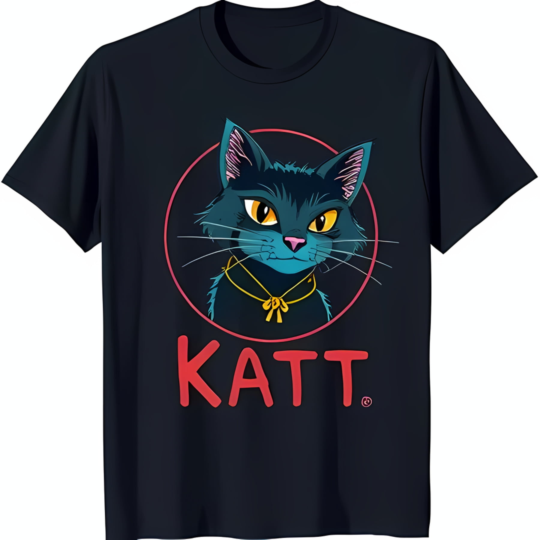 Black Cat T-Shirt with Cartoon Illustration Yellow Eyes & Gold Necklace ...