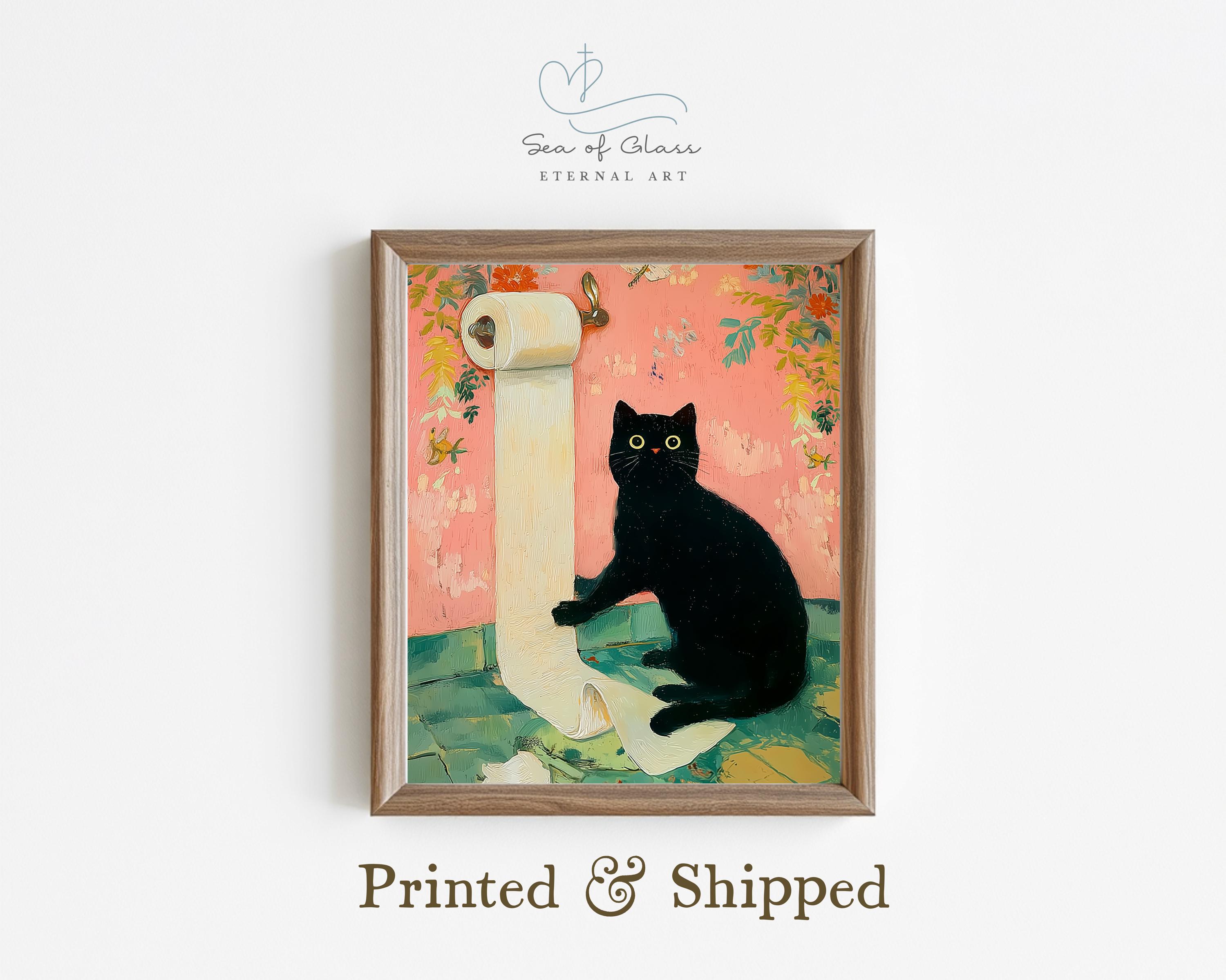 Black Cat Tet Paper Poster Whimsical Bathroom Art Warm Present Vintage ...