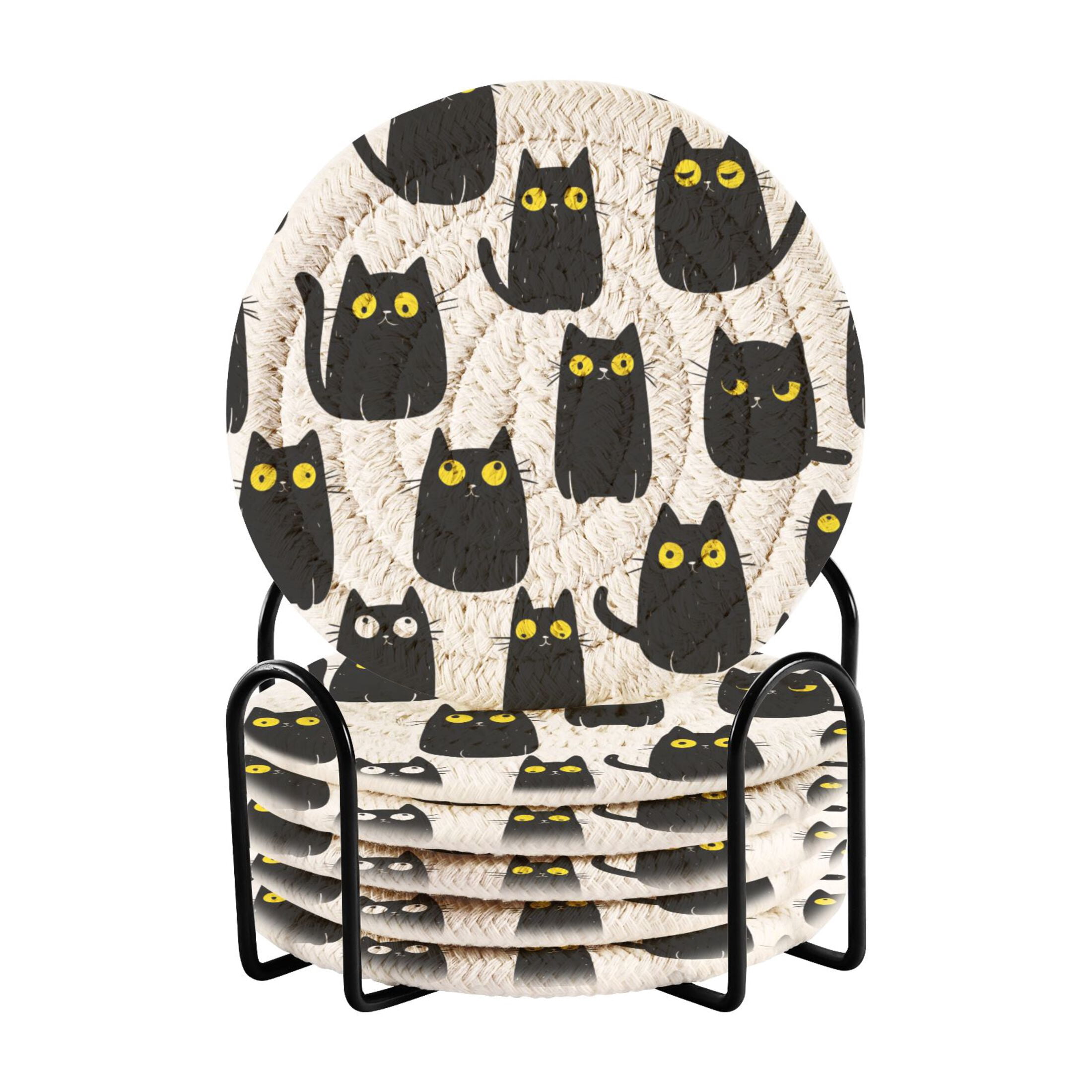 Black Cat Texture Bar Coasters 6 Pack Braided Coasters with Holder ...