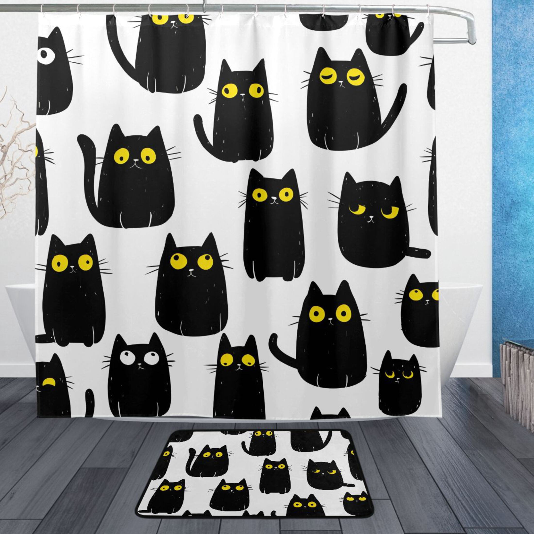 Black Cat Texture Bathroom Accessory Sets Waterproof Shower Curtain ...