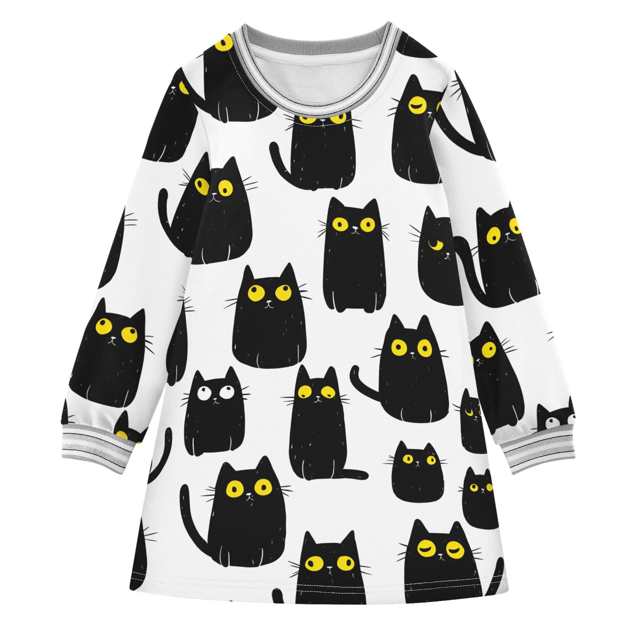 Black Cat Texture Girls'long-sleeved dress Thickened A-dress Warm Dress ...