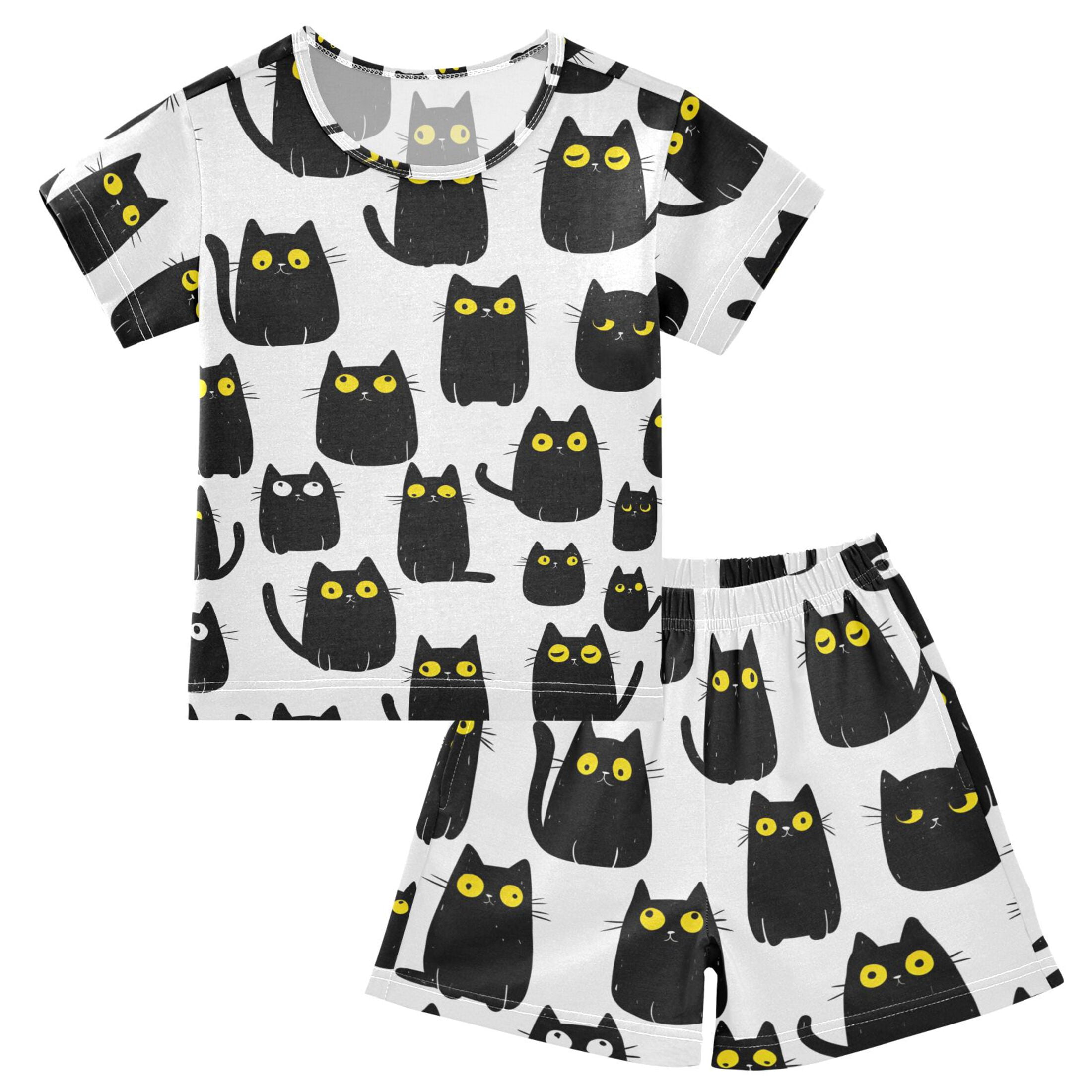 Black Cat Texture Summer Pajama Set Soft Cotton Short Sleeve Sleepwear ...