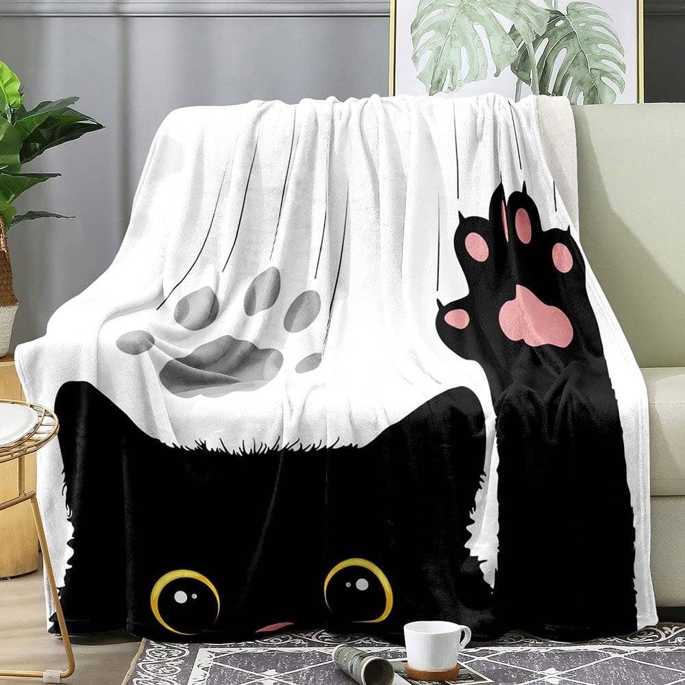 Black Cat Throw Blanket, Cartoon Animal Pink Paw Cute Kitty Kitten ...