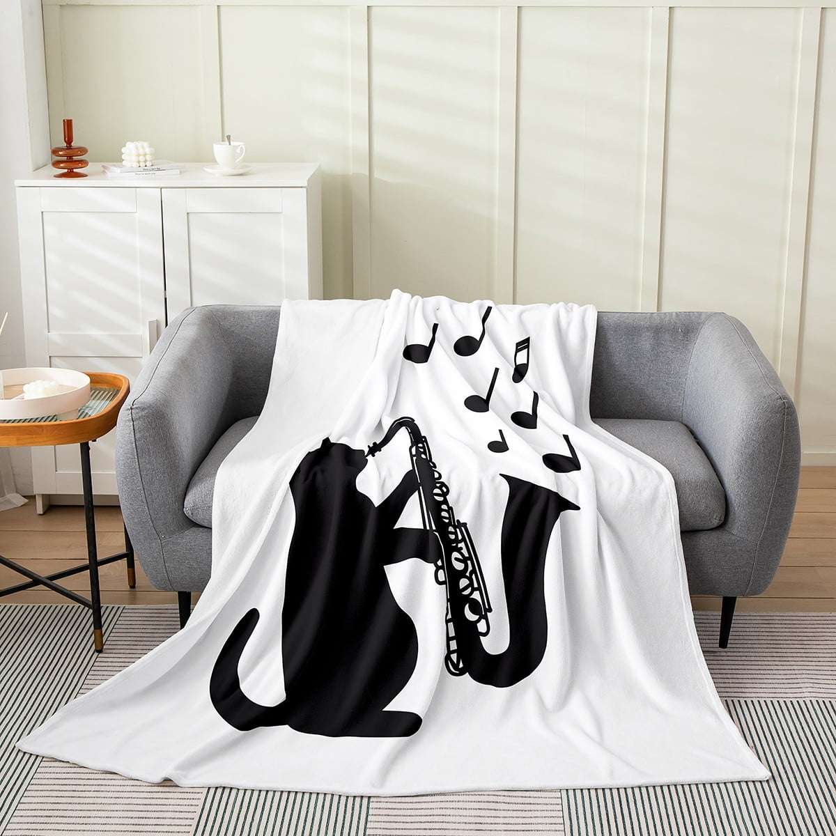 Black Cat Throw Blanket,Saxophone Music theme Fleece Blanket Queen ...