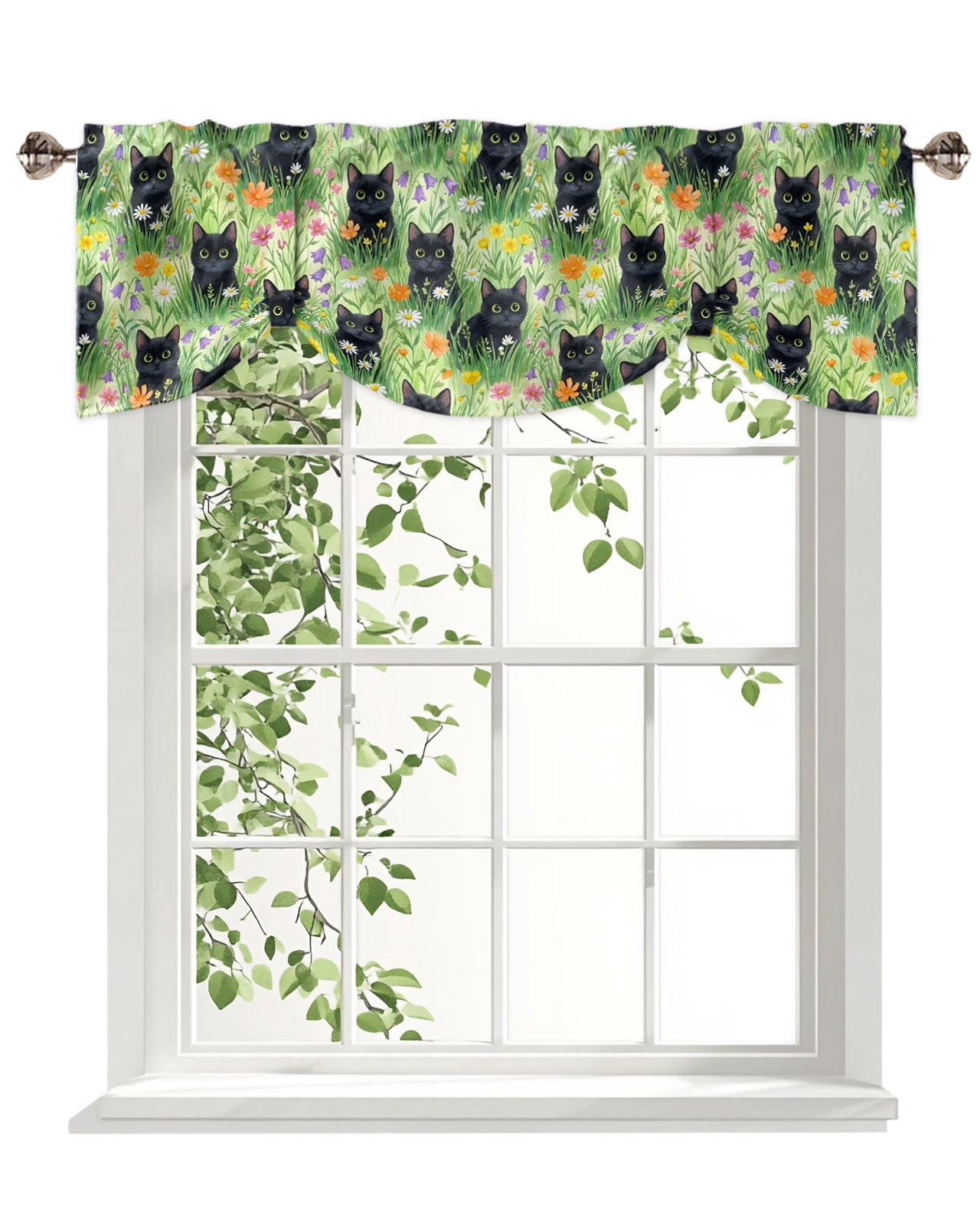 Black Cat Tie Up Valances Curtain, Orange Purple Yellow Pink Flower ...