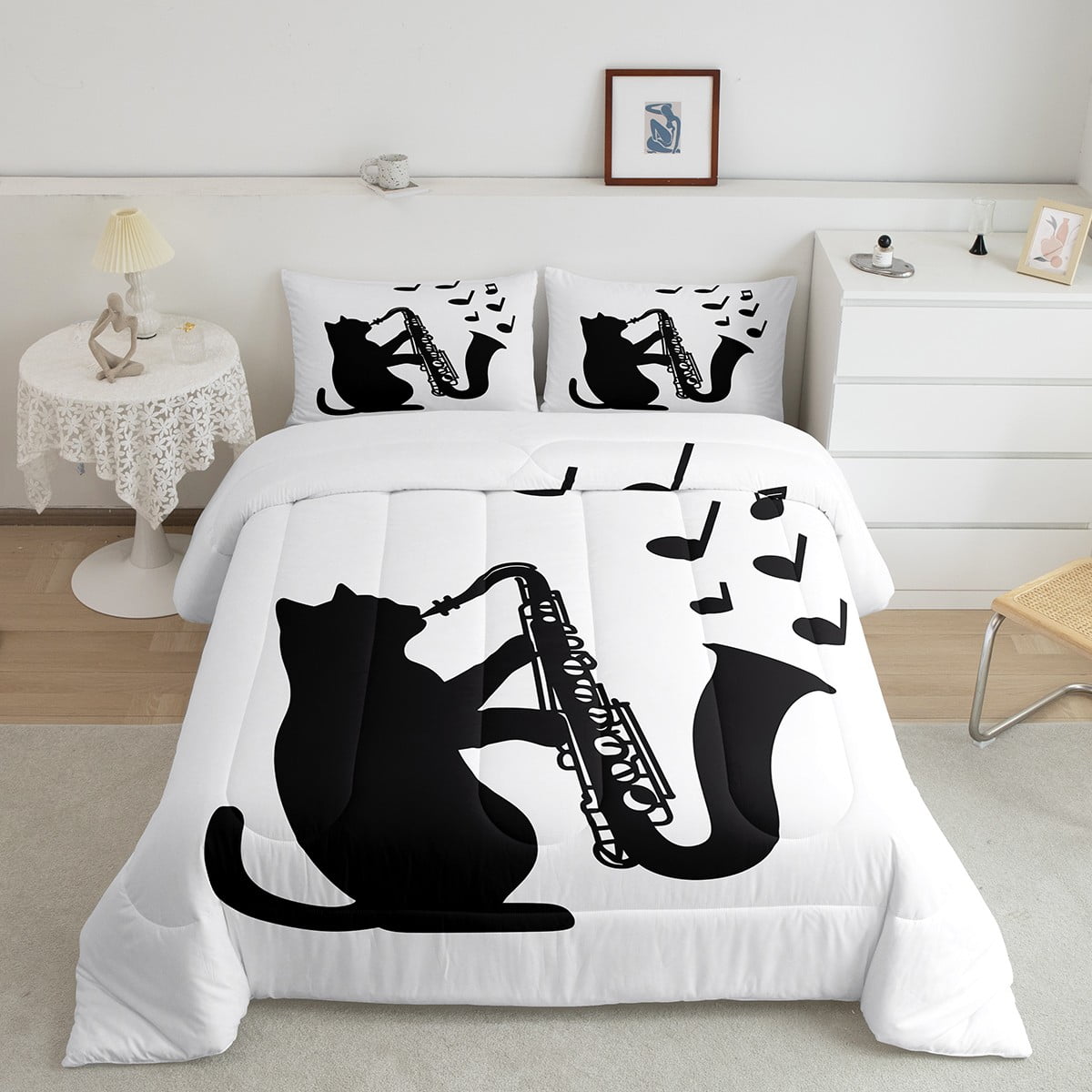 Black Cat Bedding Set,Saxophone Music Theme Bedding Comforter Sets ...