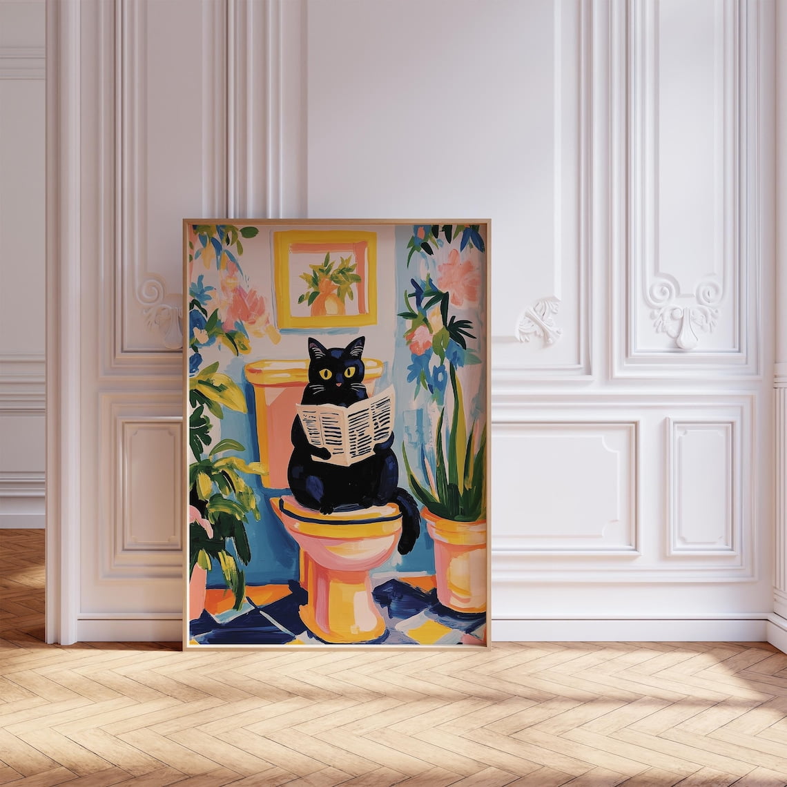 Black Cat On A Toilet Print, Cat Pooping Decor, Trendy Henri Matisse Art Funny Bathroom Wall Art ...