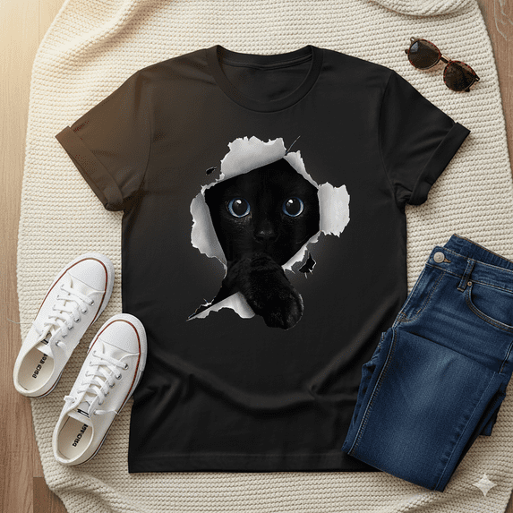 Black Cat Torn Cloth Kitty Peek Cute Pet Lover Graphic Fans Unisex T ...