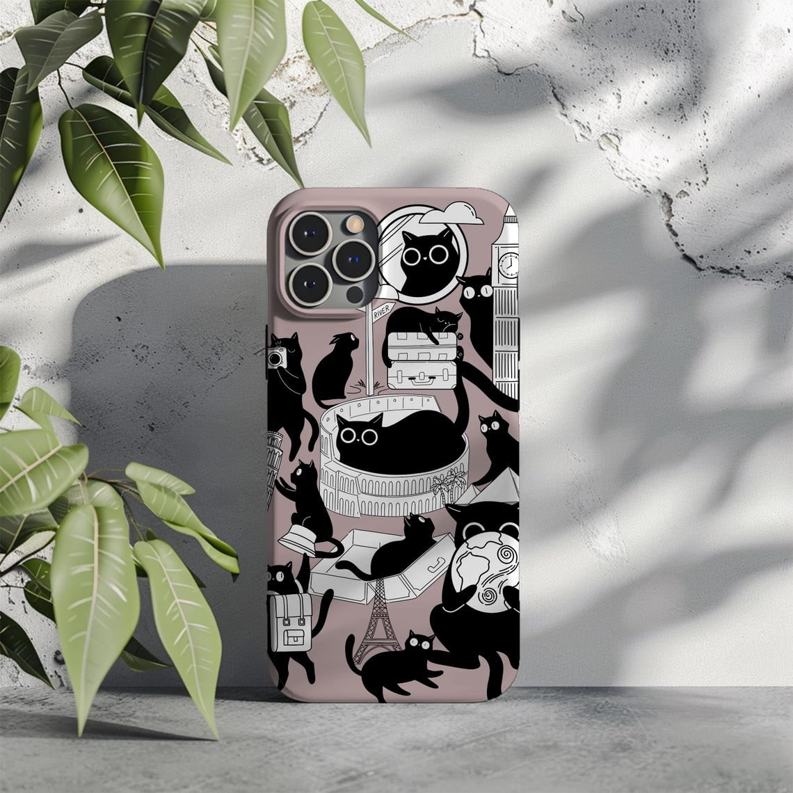 Black Cat Traveler Vintage Phone Case Compatible with iPhone 11 to 16 ...