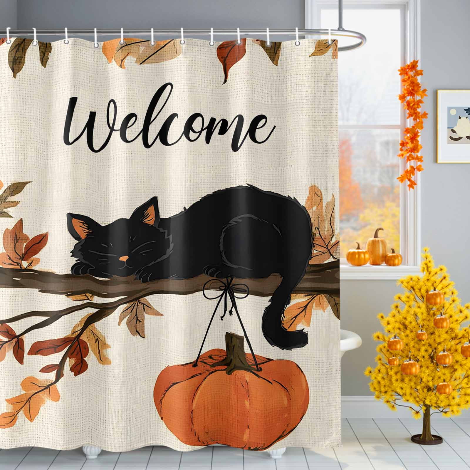 Black Cat on Tree Branch Shower Curtain for Bathroom, Fall Farmhouse ...