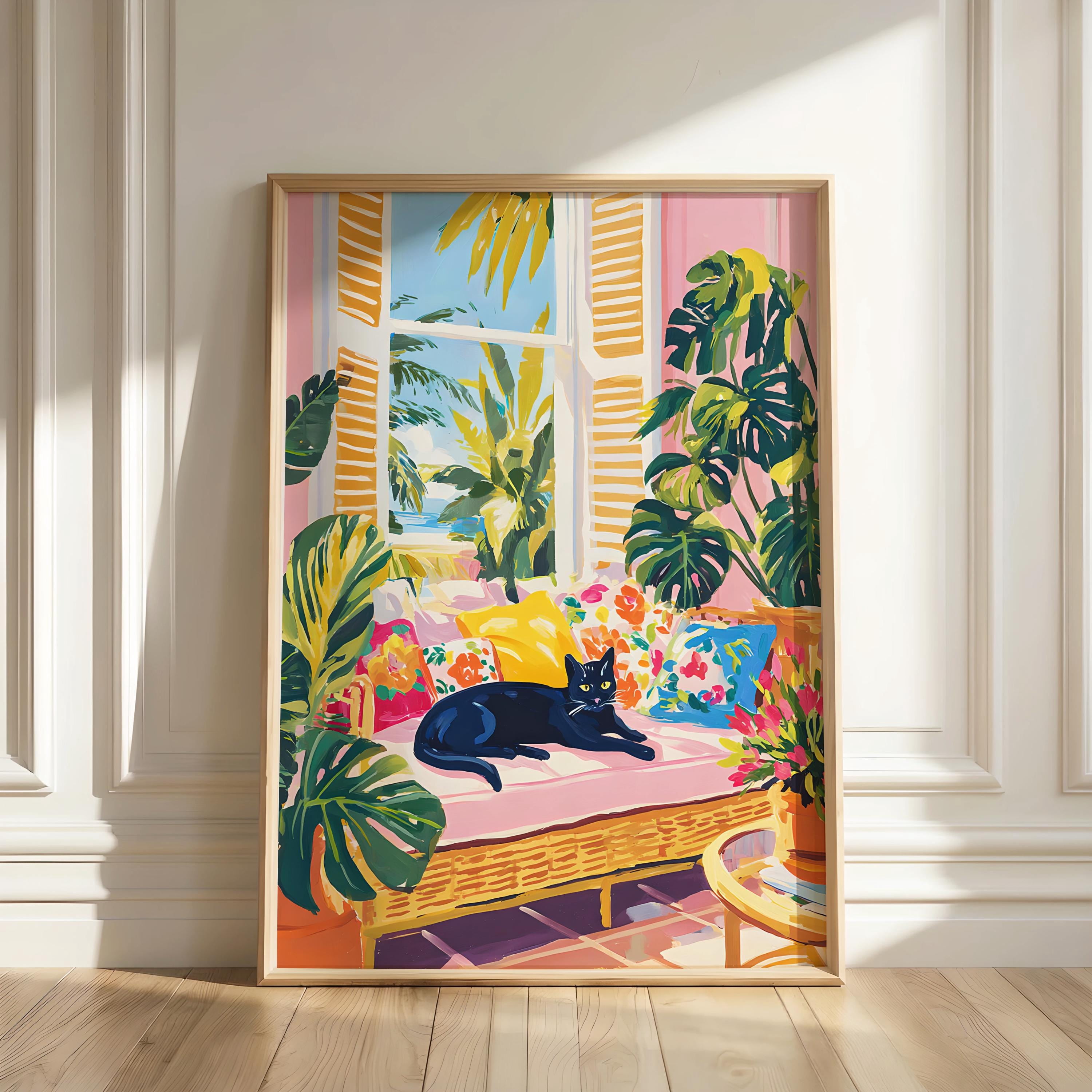 Black Cat Tropical Beach Room Art Print, Maximalist Coastal Decor ...