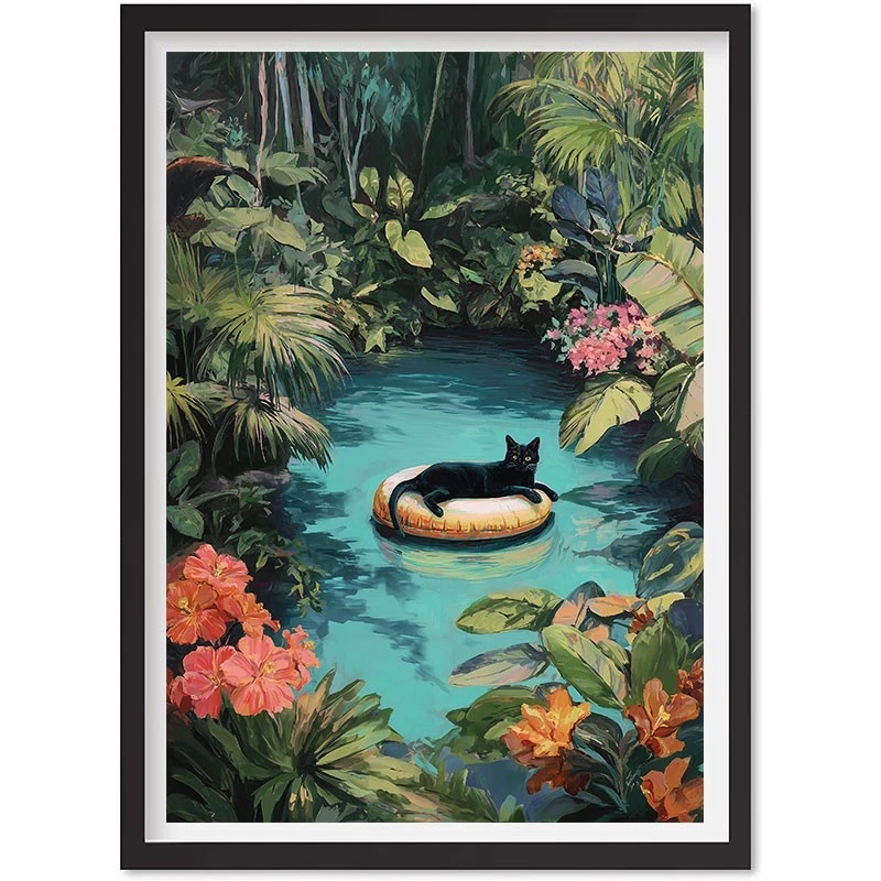Black Cat In Tropical Swimming Pool Wall Art | Cute Quirky Whimsical ...