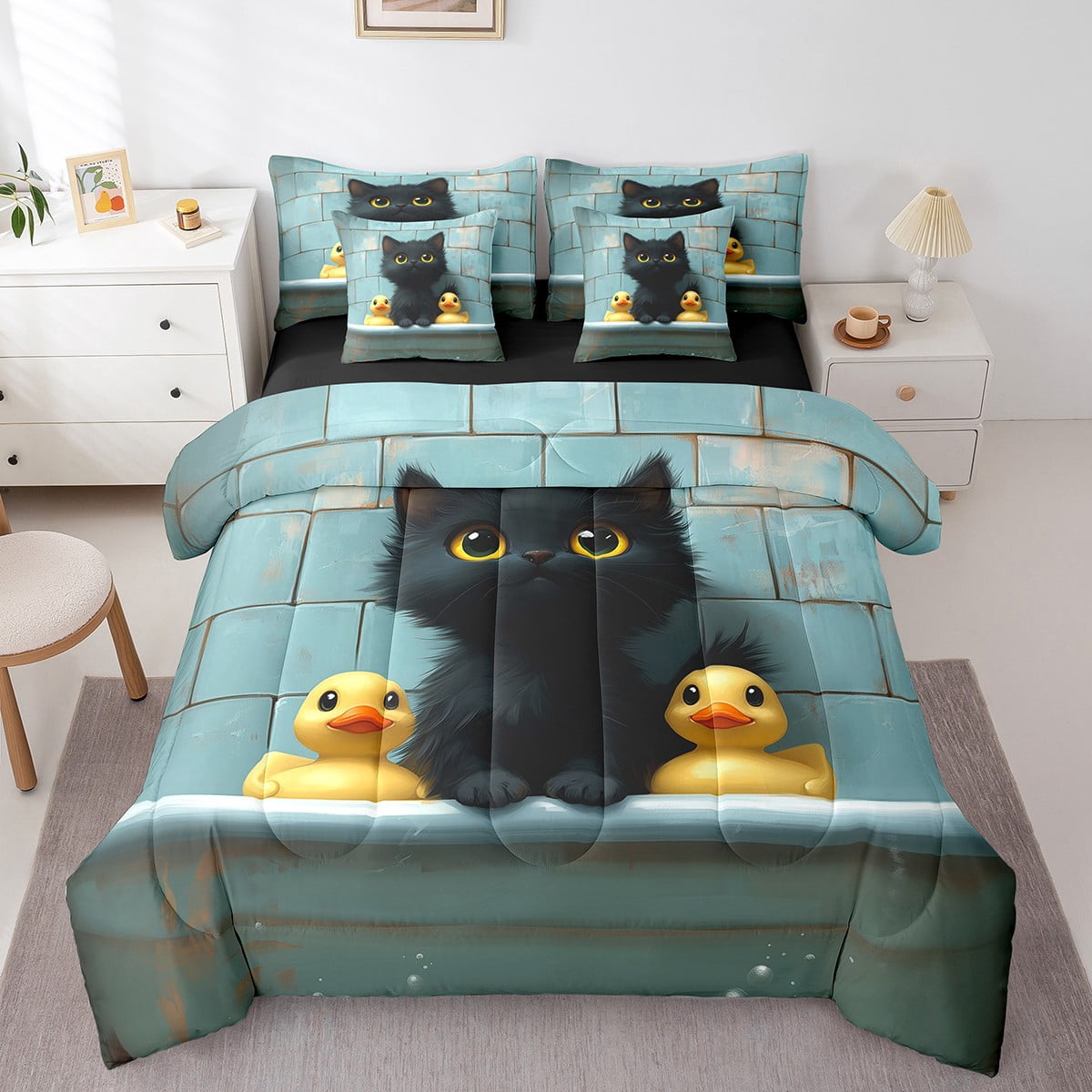 Black Cat Twin Bedding Set 7 Pieces,Cartoon Pet Kitten Yellow Bath Duck ...