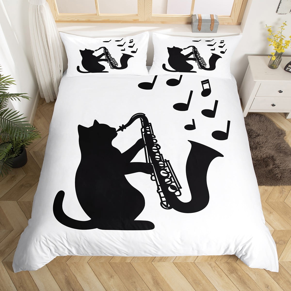 Black Cat Twin Bedding Set,Saxophone Music Theme Comforter Cover ...