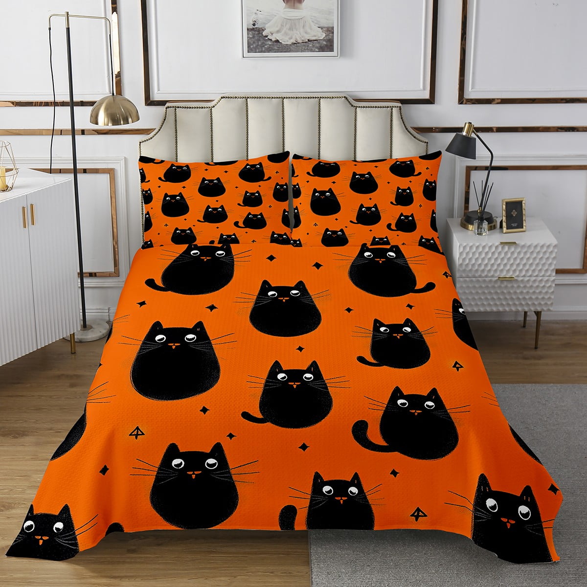 Black Cat Twin Bedspread Set,Kawaii Kitten Animals Cozy Quilt Set ...