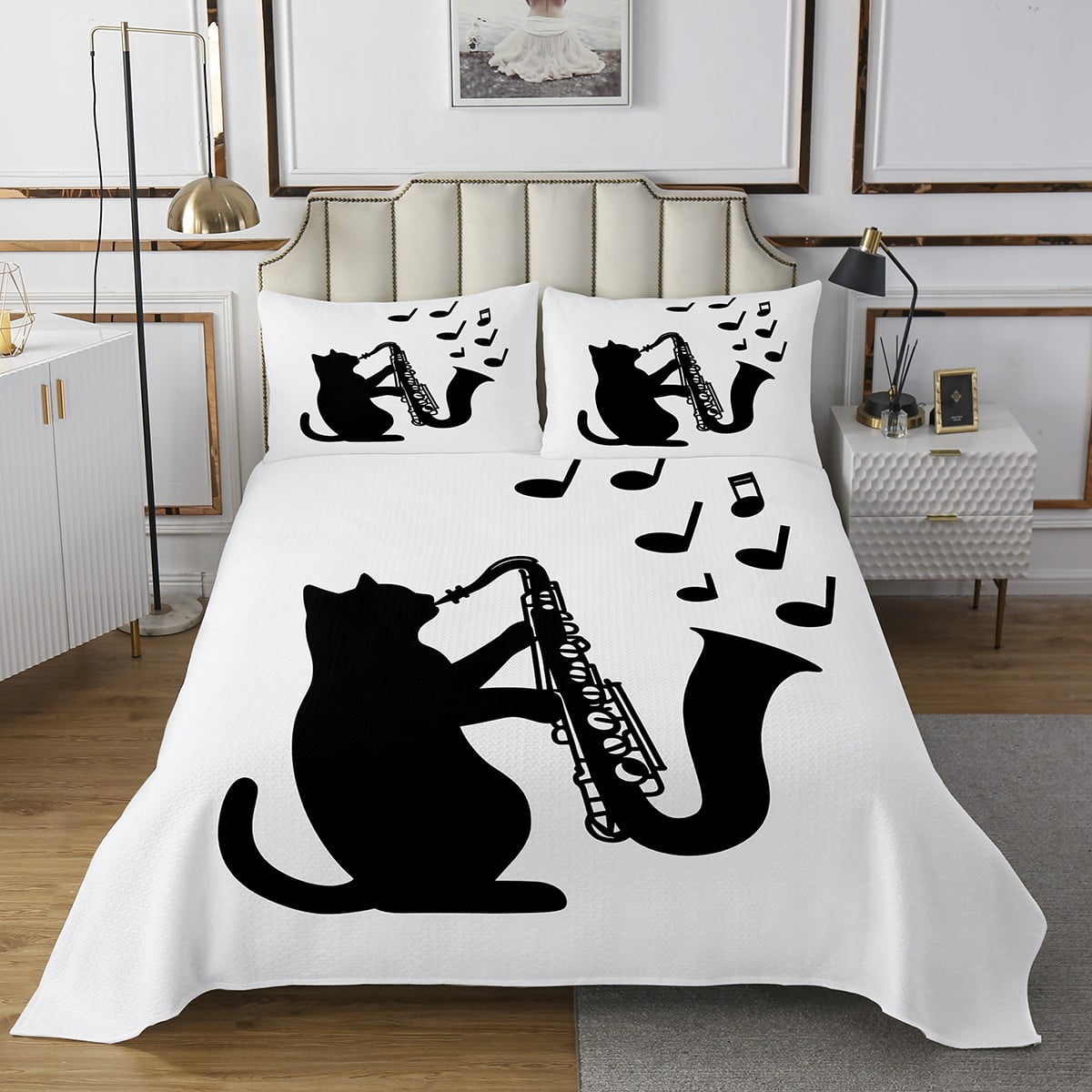 Black Cat Twin Bedspread Set,Saxophone Music Theme Bedspread Sets ...