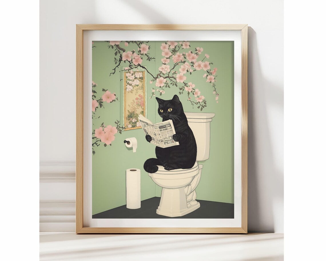 Black Cat Ukiyo E Japandi Sage Green Restroom Bathroom Poster Unframed ...