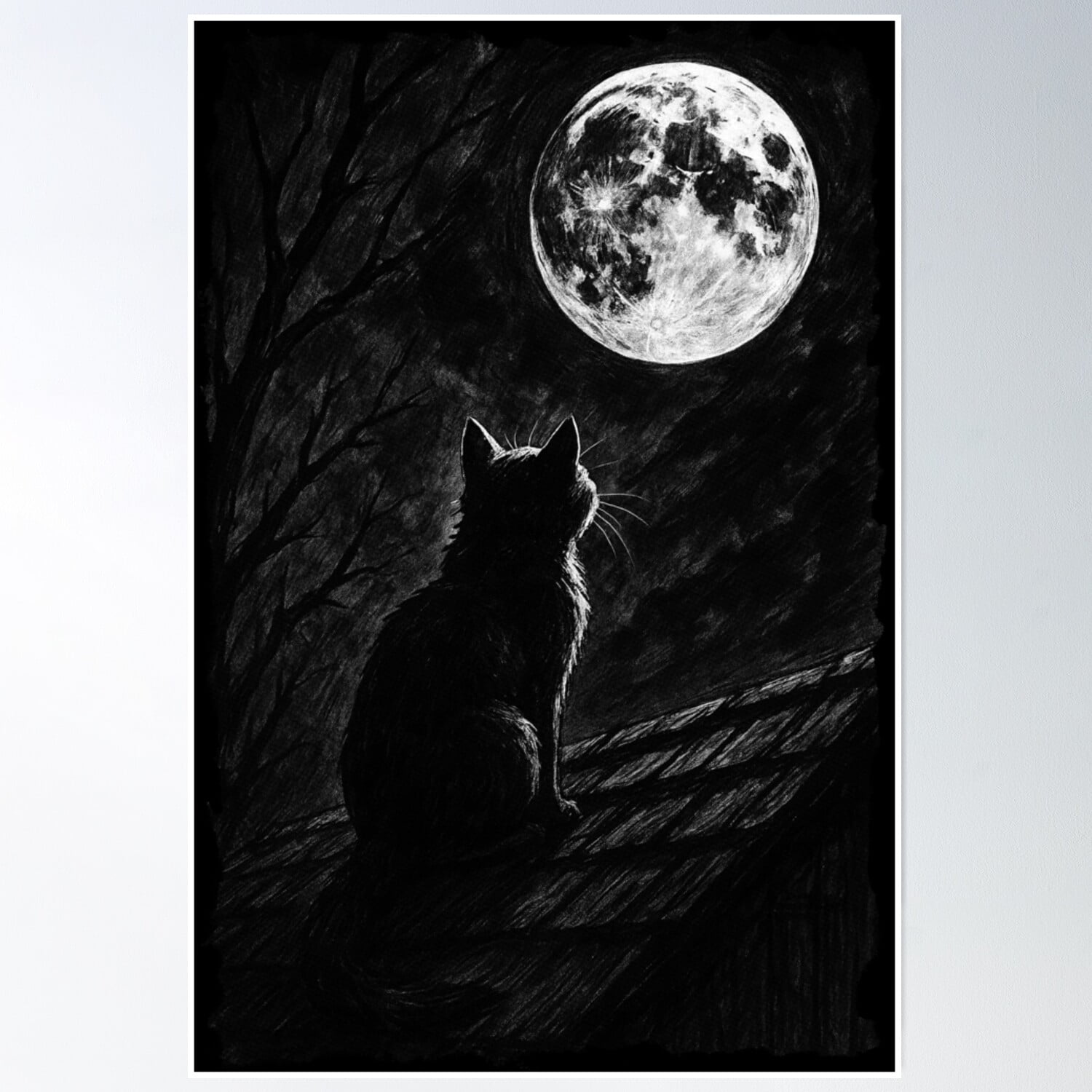 Black Cat Under Full Moon – Gothic Night Art Print Poster Wall Art ...