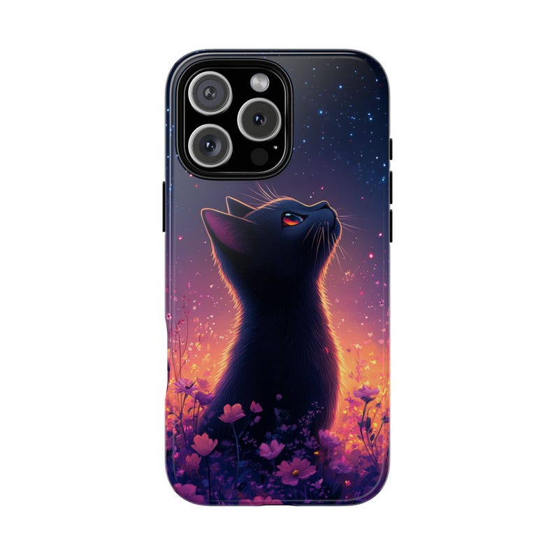 Black Cat Under Starry Night with Wildflowers Scenic Artwork Phone Case ...