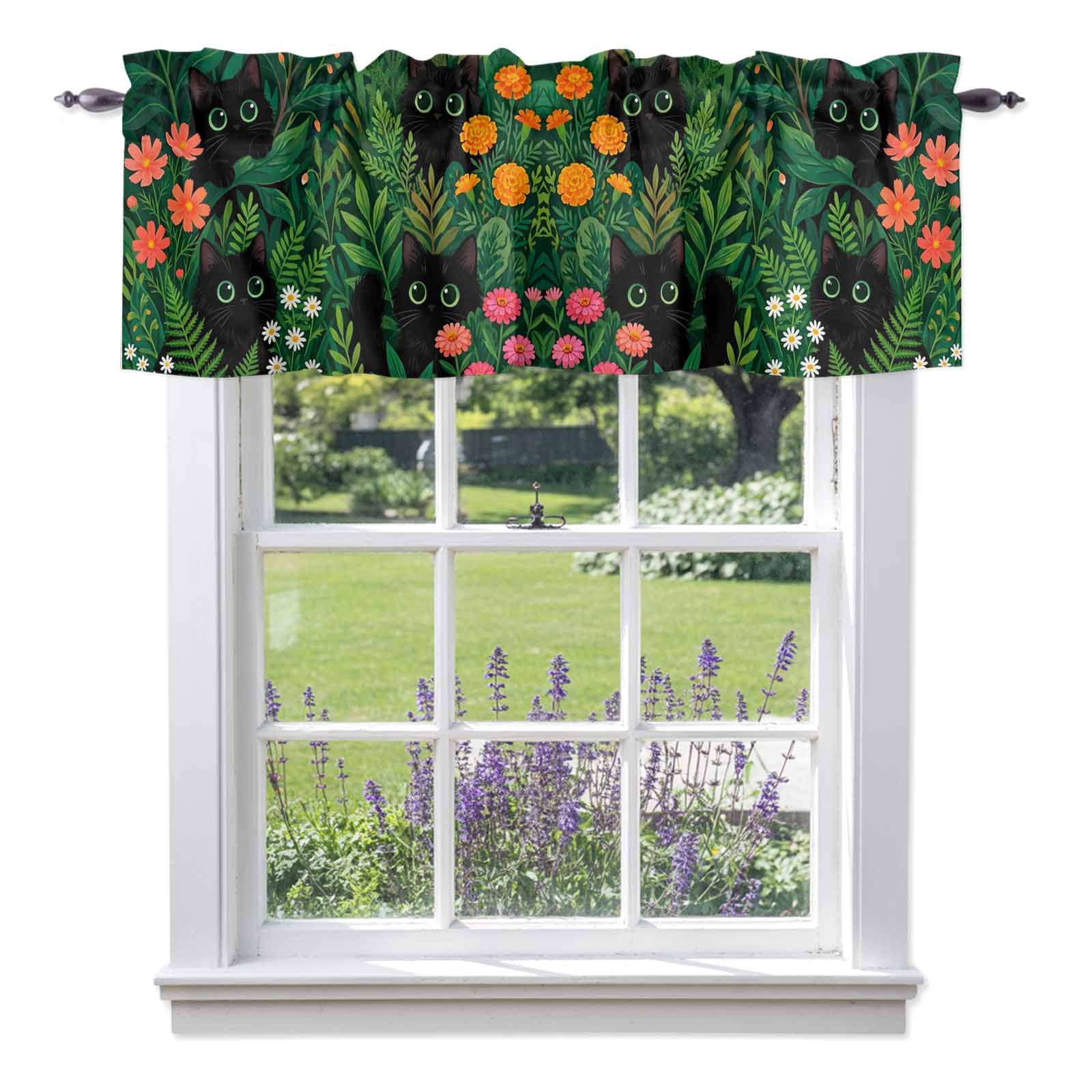 Black Cat Valances for Windows Pink Orange Flower Green Grass Spring ...