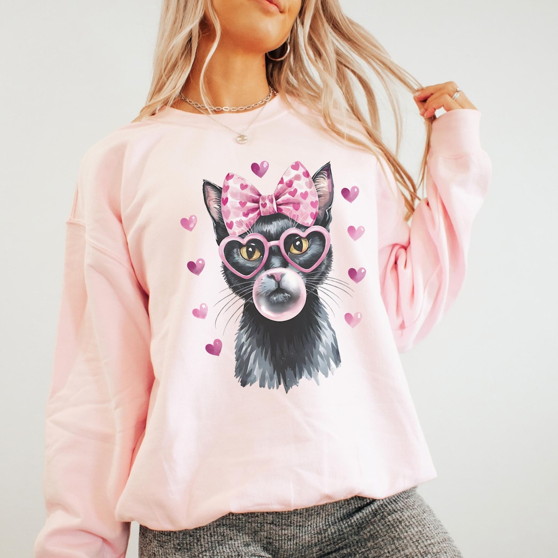 Black Cat Valentine Day Sweatshirt, Heart Bow Black Cat Sweater ...