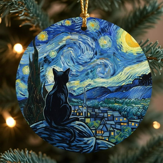Black Cat Van Gogh Starry Night Ornament, Noel Tree Decoration, Festive ...