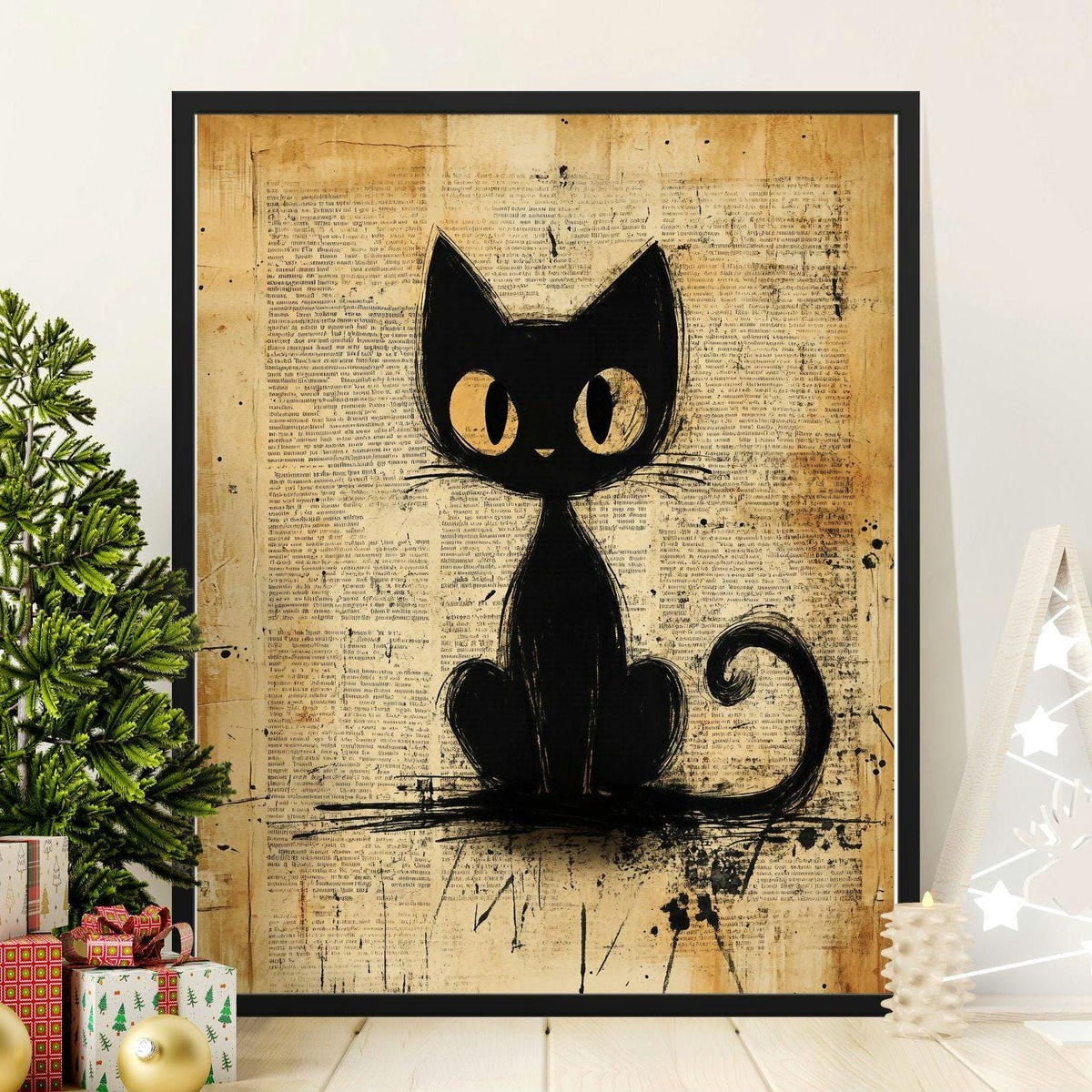 Black Cat Vintage Art Print, Retro Cat Illustration, Cute Feline Poster ...