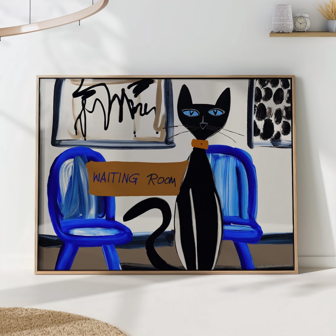 Black Cat Waiting Room Modern Office Wall Art, Unframed Paper Poster ...