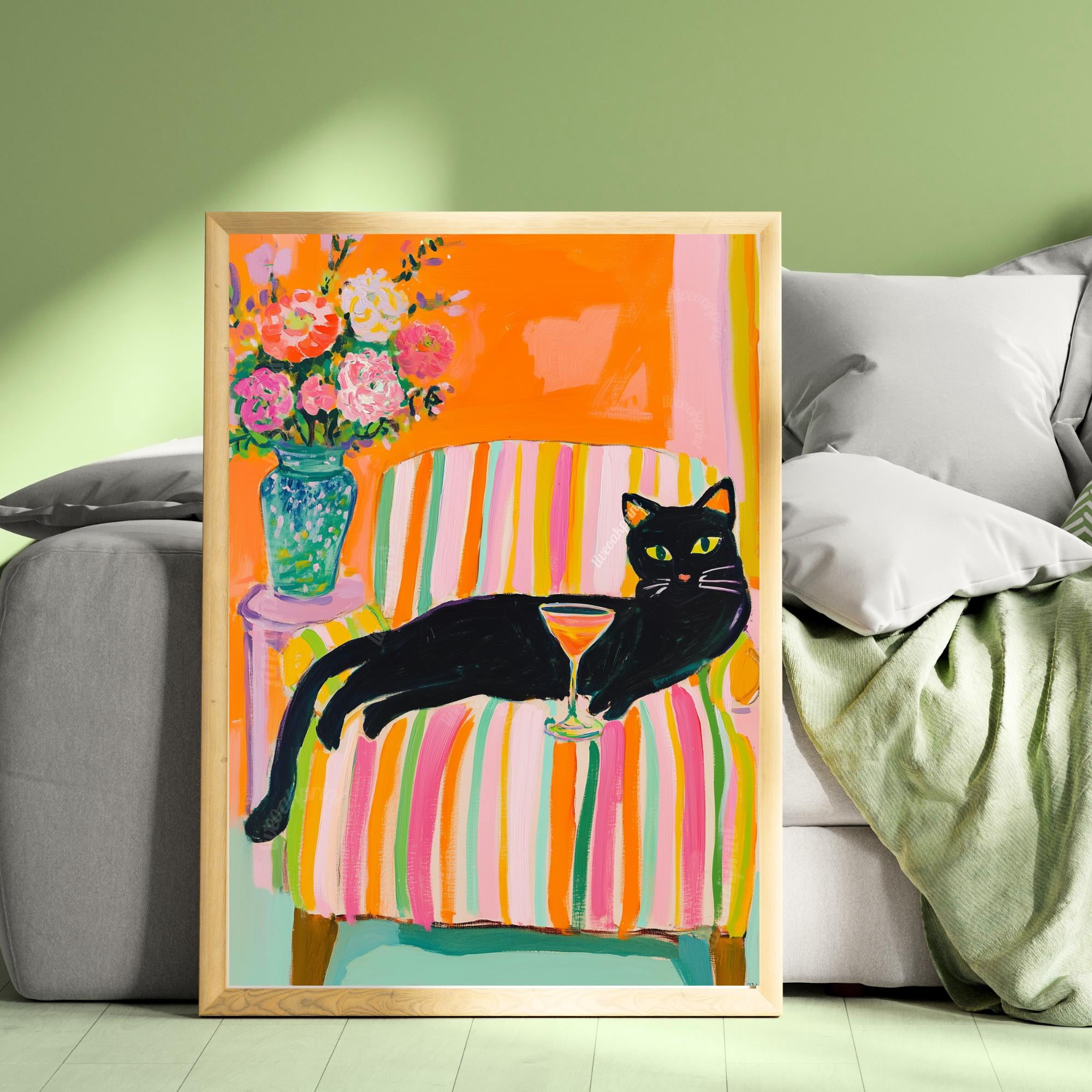 Black Cat Wall Art Cocktail Cat Print Dopamine Decor Whimsical Bar Art ...