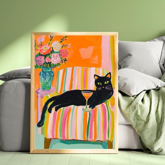 Black Cat Wall Art Cocktail Cat Print Dopamine Decor Whimsical Bar Art ...