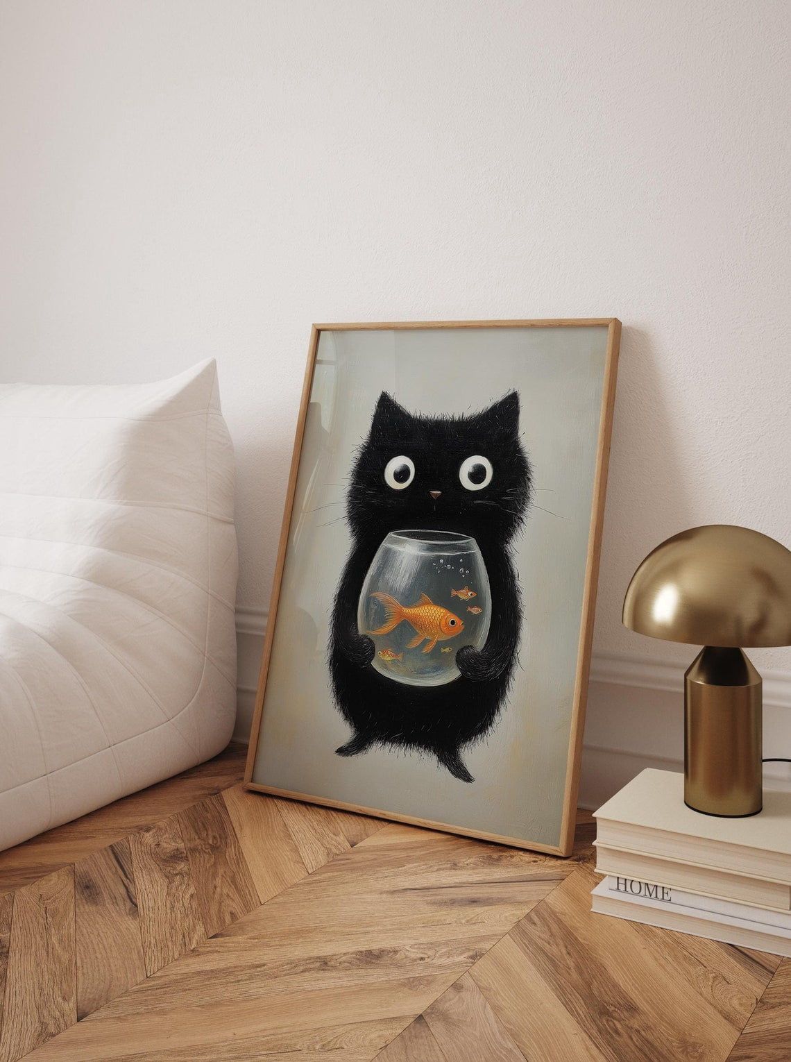 Black Cat Wall Art Cute With A Fish Mom Kitten Illustration For People ...