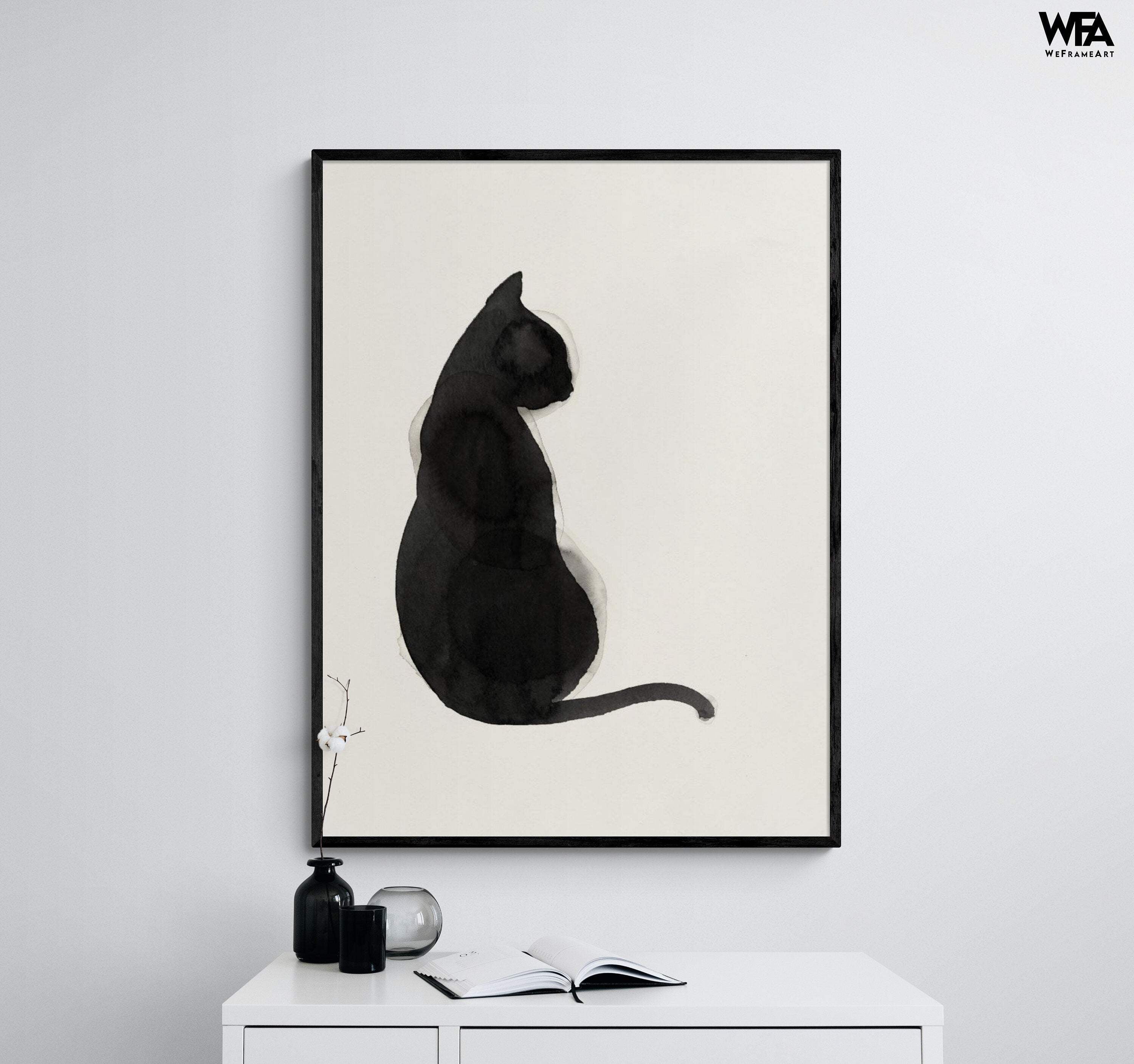 Black Cat Wall Art FRAMED Watercolor Print Minimalist Aesthetic Kitten ...