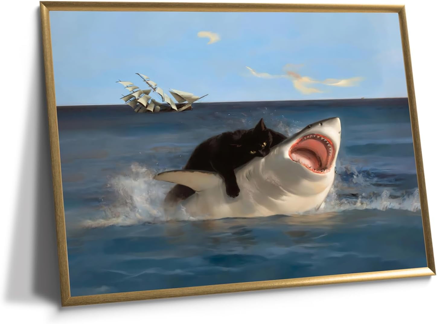 Black Cat Wall Art, Funny Quirky Cat and Shark Pictures Canvas Print ...
